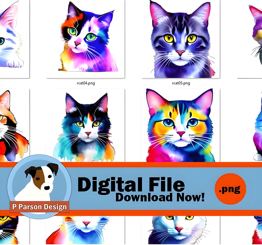 25 Colorful Watercolor Cat Clipart - Etsy