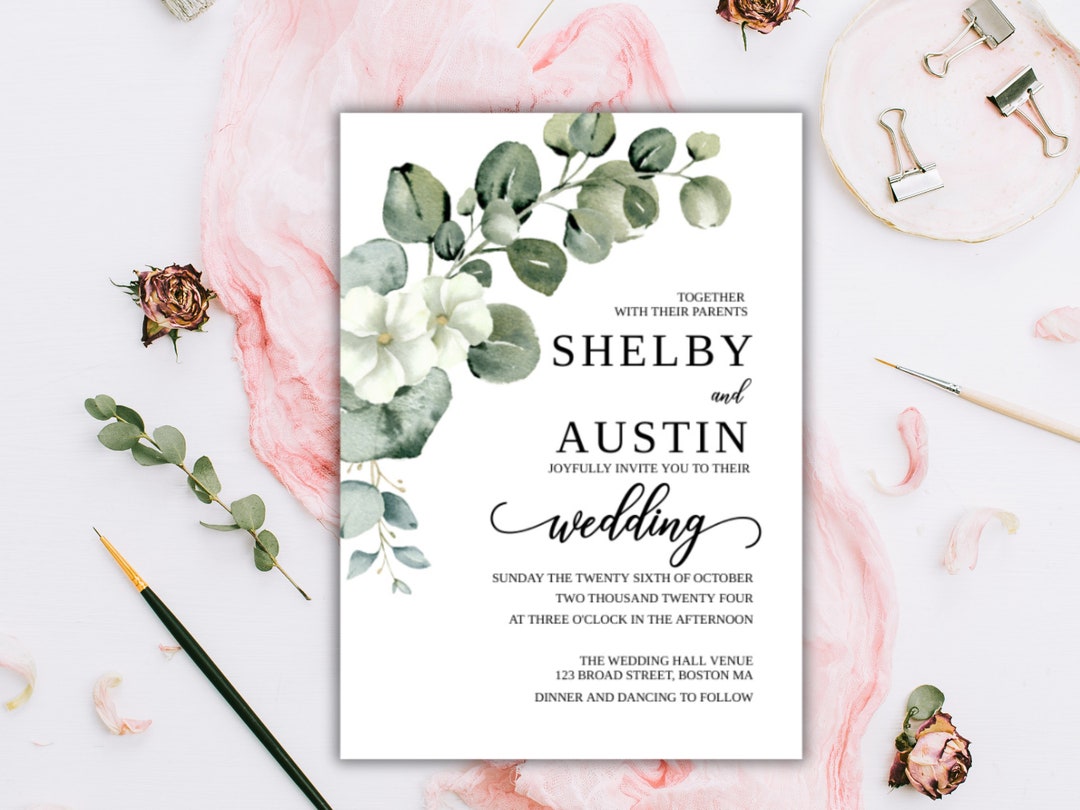 Greenery Wedding Invitation Template, Editable Templates, Bridal ...