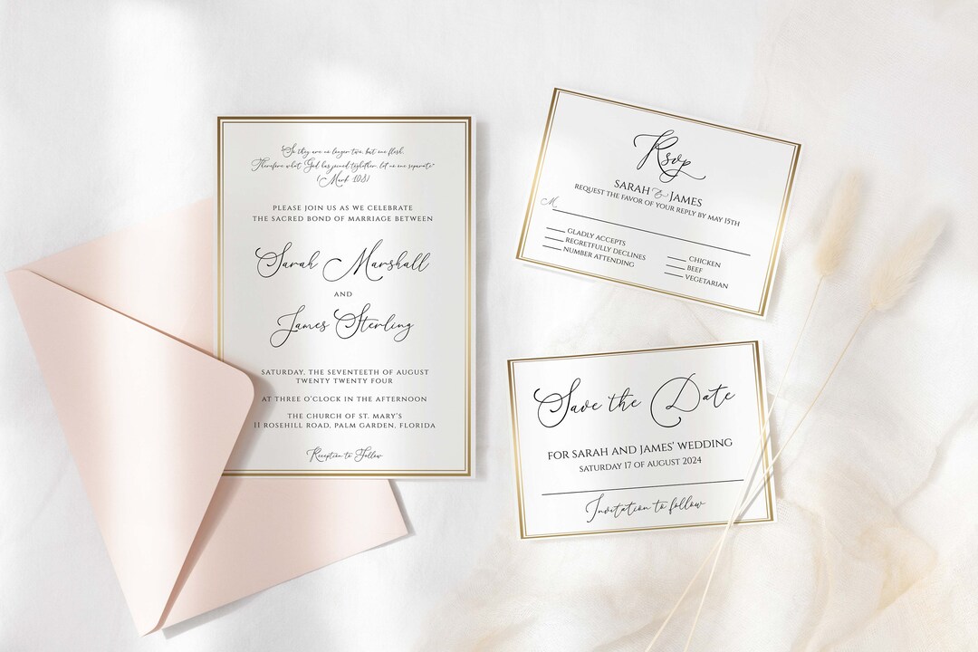 Gold Border Wedding Invitation Bundle, Simple Wedding Bundle, Wedding ...
