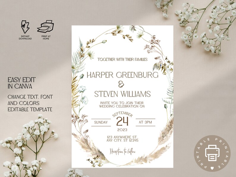 Boho Wedding Invite, Printable Template, Boho Frame Wedding Invite - Etsy