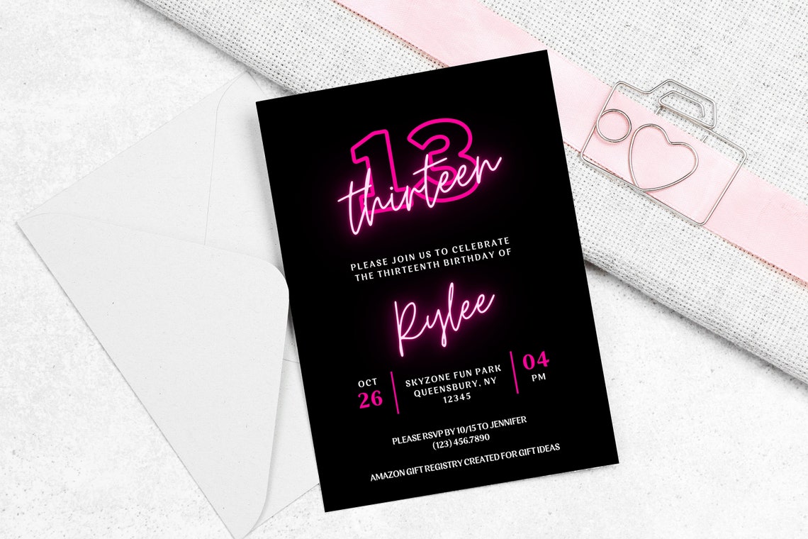Thirteenth Birthday Party Invitation, 13th Birthday Invitation, Neon ...