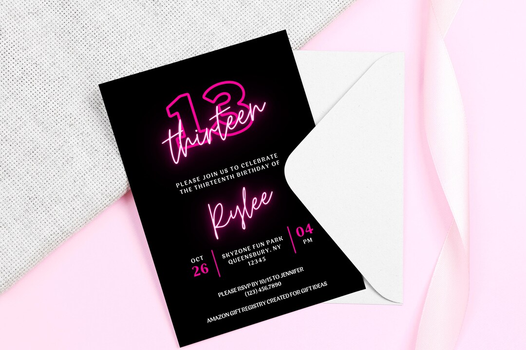 Thirteenth Birthday Party Invitation, 13th Birthday Invitation, Neon ...