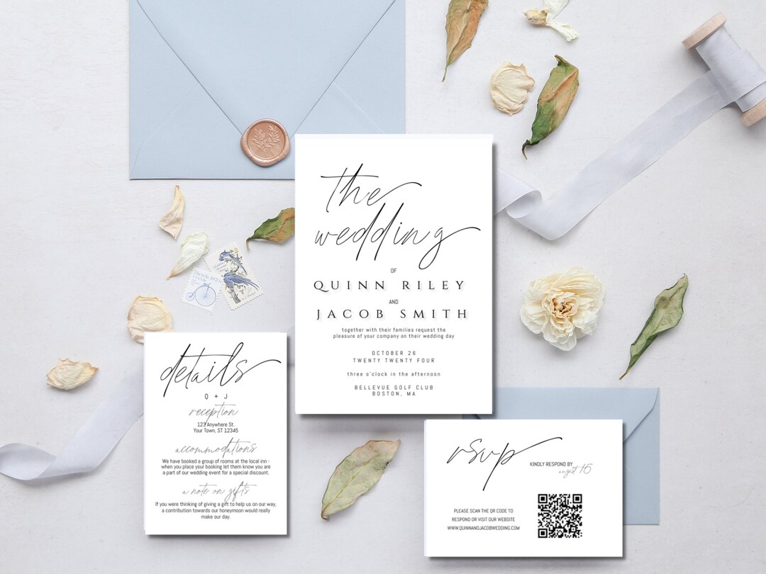Wedding Invitation With QR Code, Minimalist Wedding Invite Bundle ...