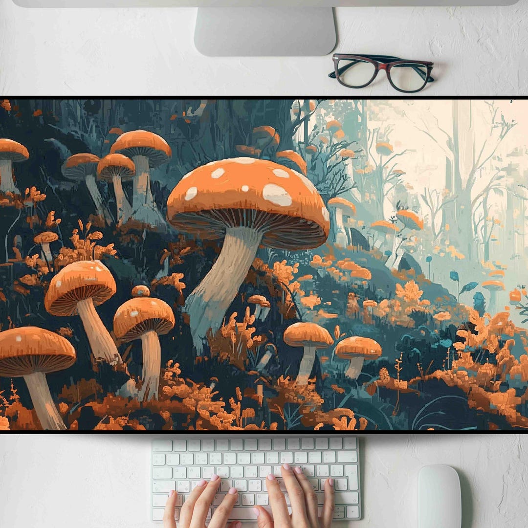 Mushroom Forest in Autumn Mist Desk Mat, Gaming Mouse Pad, Large ...