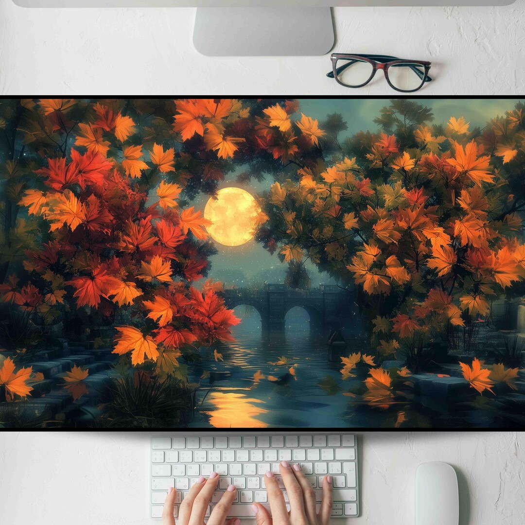 Maple Leaves in Forest Mist Desk Mat, Gaming Mouse Pad, Large Mousepad ...