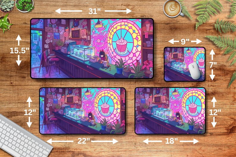 Retro Neon Kawaii Cafe Desk Mat Gaming Mouse Pad Large Mousepad ...