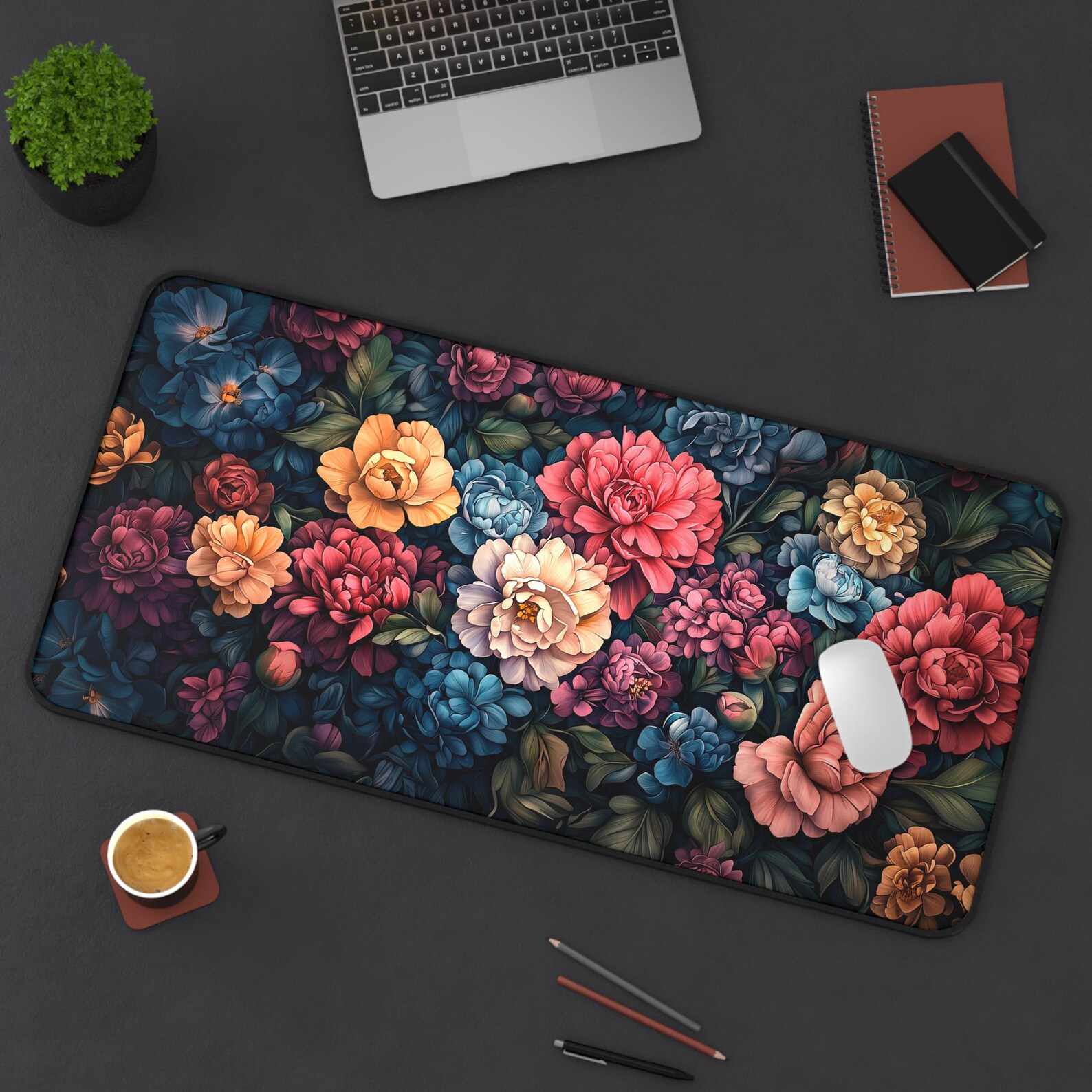 Autumn Peonies in Jewel Tones Desk Mat, Gaming Mouse Pad, Large ...