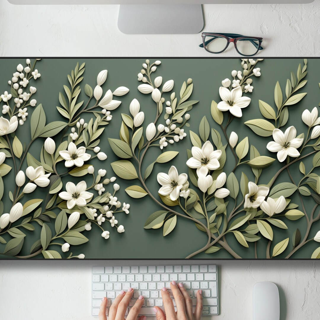 Textured White Botanical Desk Mat Gaming Mouse Pad Large Mousepad, MTG ...