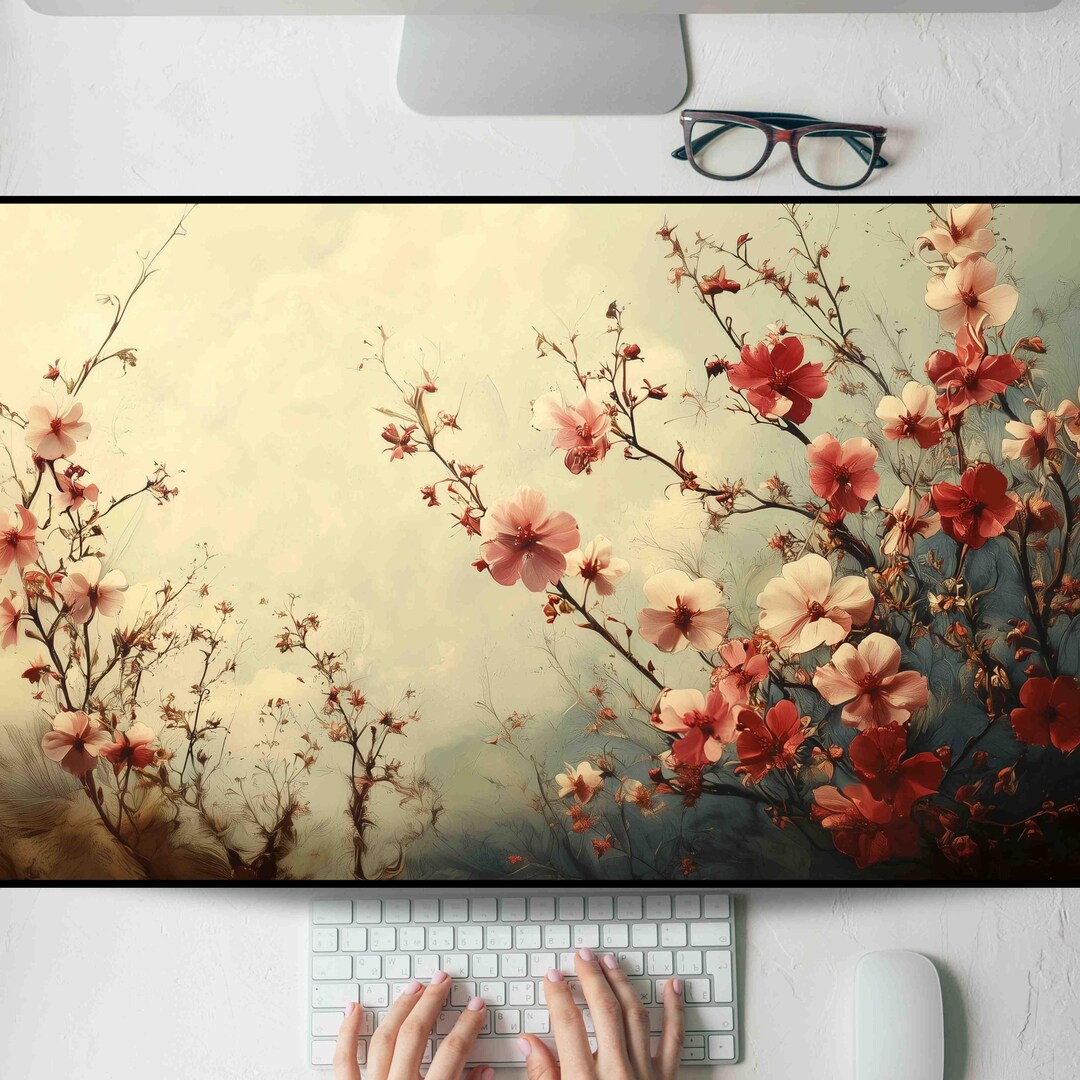 Crimson Branches in Windy Bloom Desk Mat, Gaming Mouse Pad, Large ...