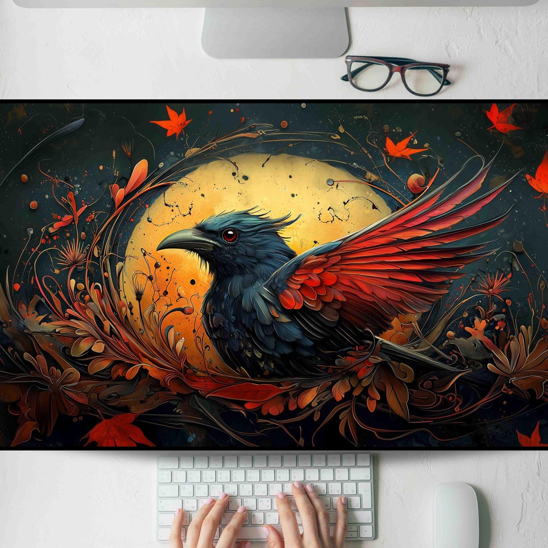Red Raven in Crimson Night Desk Mat, Gaming Mouse Pad, Large Mousepad ...