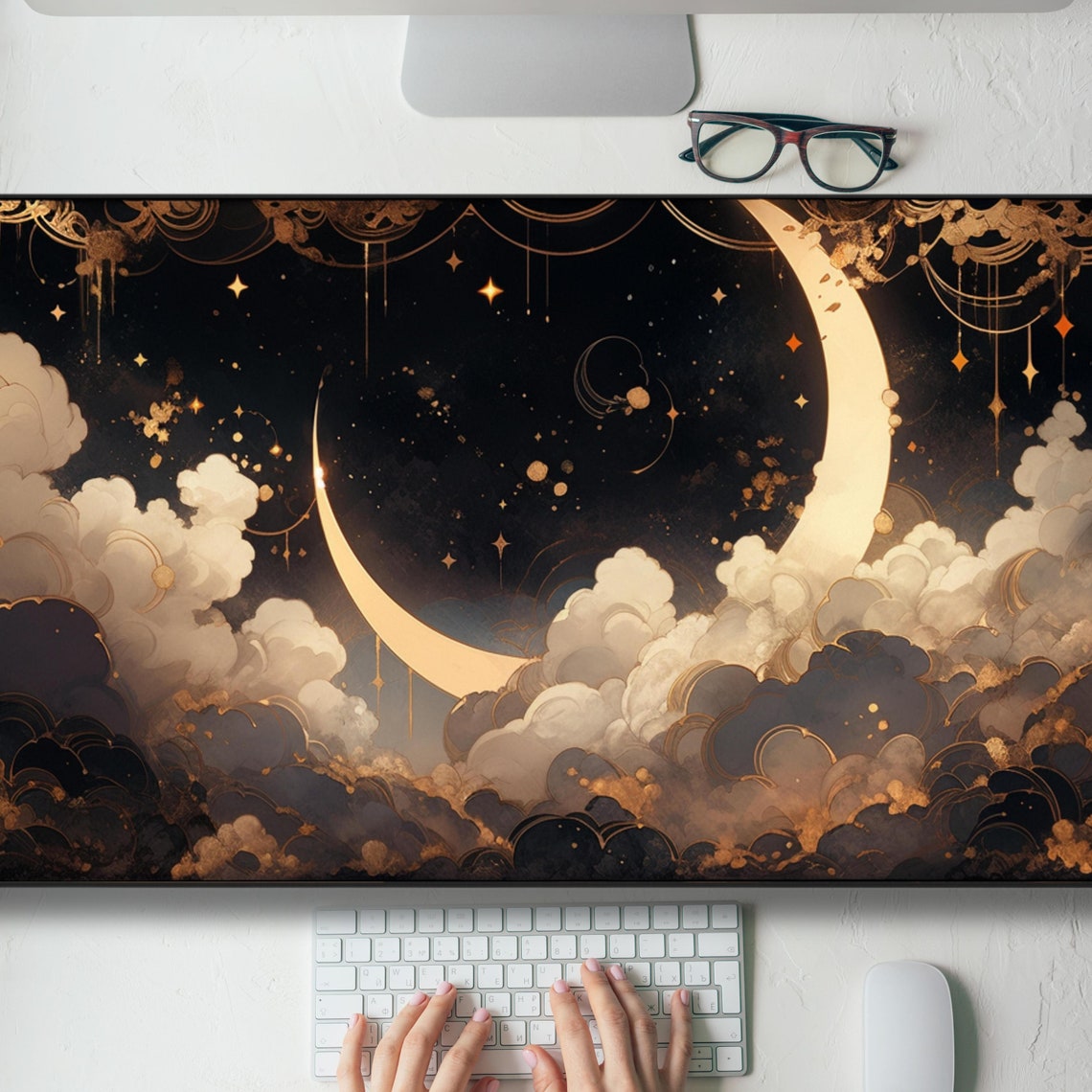 Celestial Black Gold Crescent Moon Desk Mat Gaming Mouse Pad - Etsy