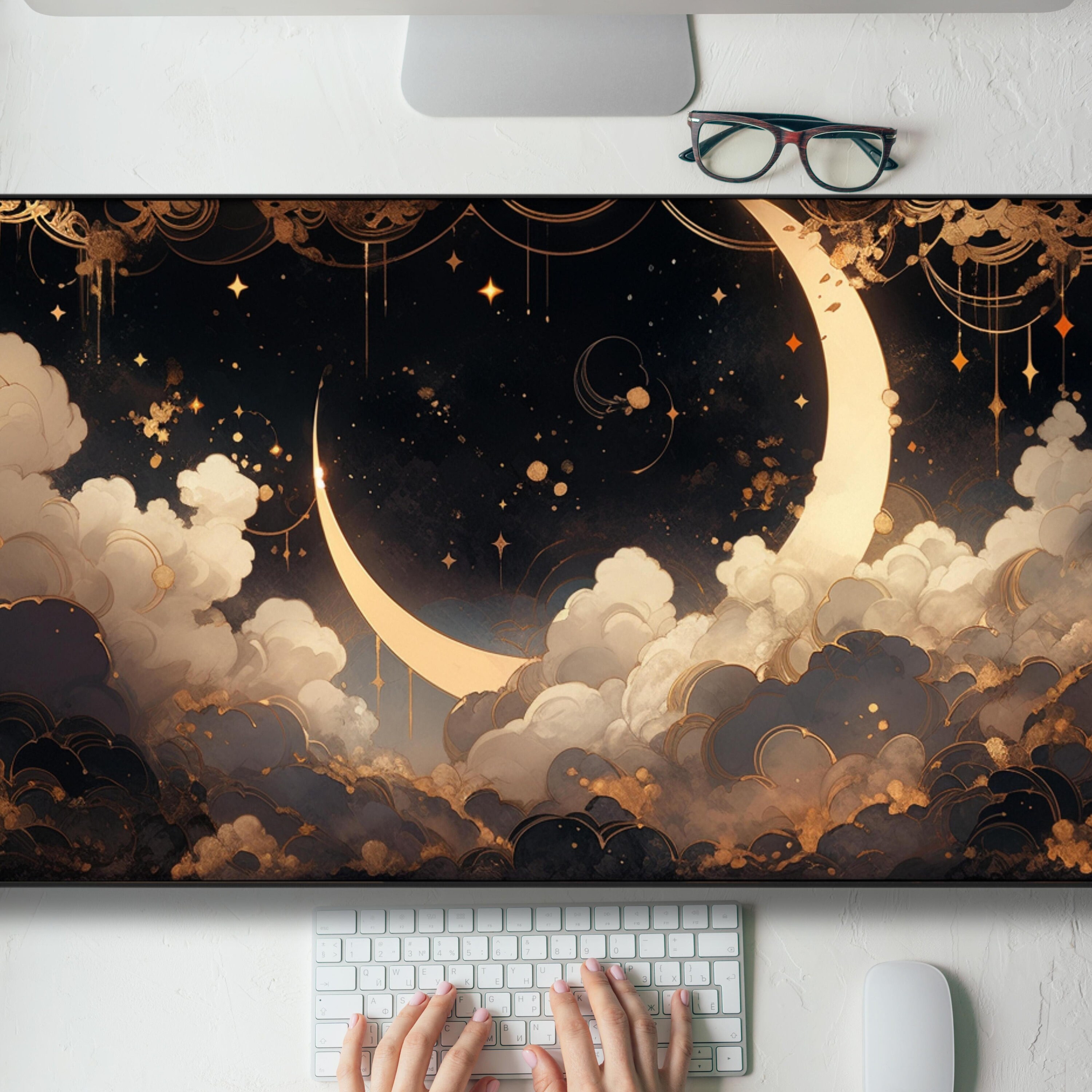 Celestial Black Gold Crescent Moon Desk Mat Gaming Mouse Pad - Etsy