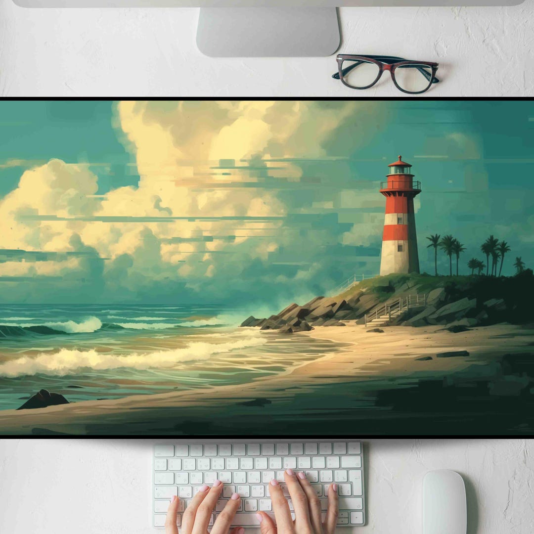 Lighthouse View at Coastal Bay Desk Mat, Gaming Mouse Pad, Large ...