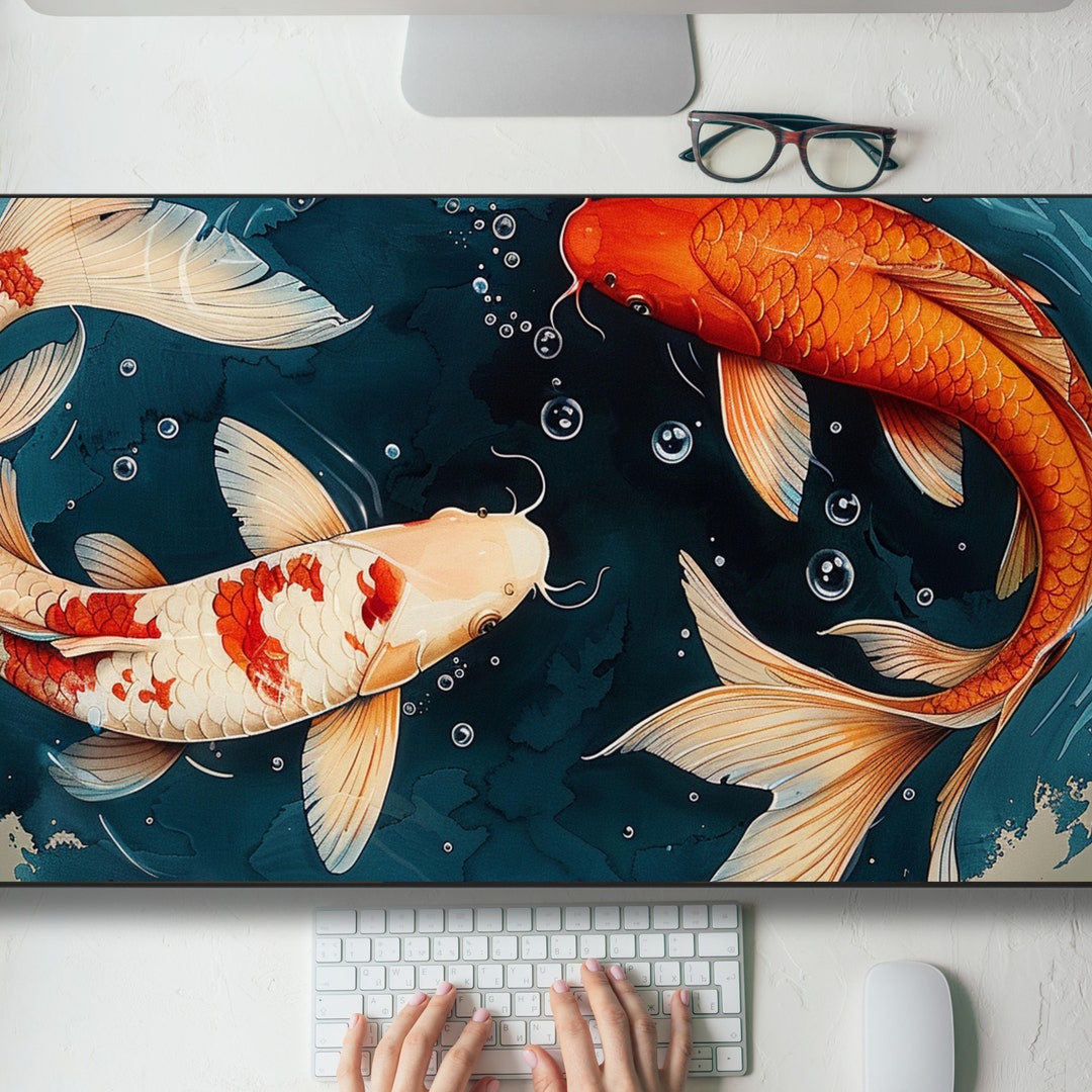 Orange and White Koi Fish Design Desk Mat Gaming Mouse Pad Large ...