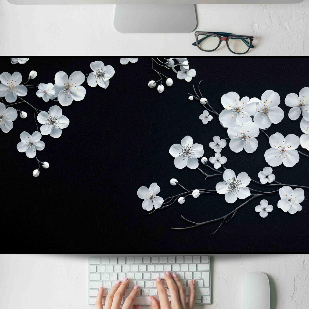 Blossoms on Black Canvas Desk Mat, Gaming Mouse Pad, Large Mousepad ...