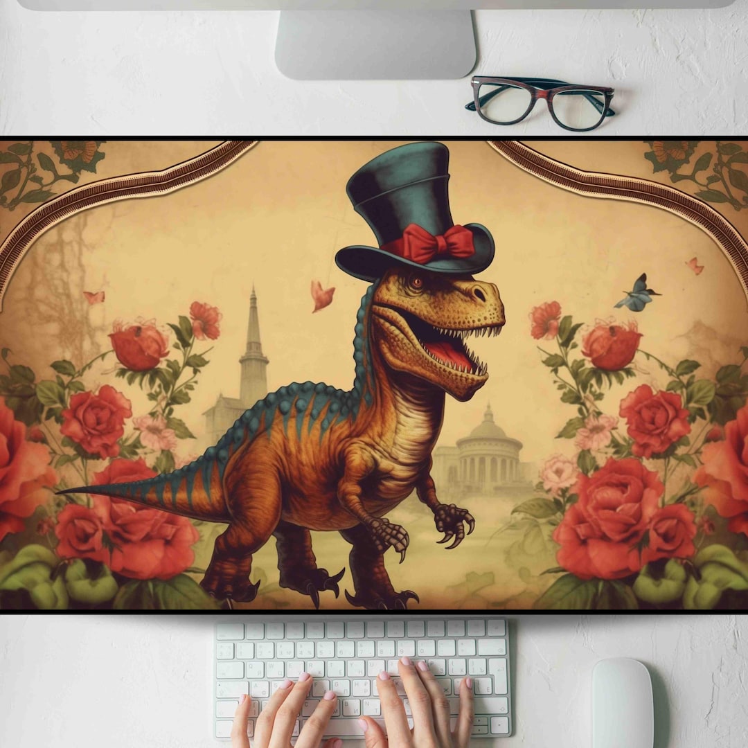 Fancy T-rex in Floral Parade Desk Mat, Gaming Mouse Pad, Large Mousepad ...
