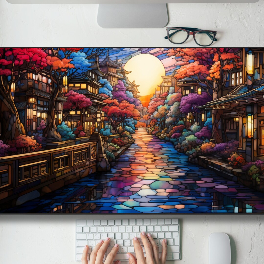Stained Glass Village Scene Desk Mat Gaming Mouse Pad Large Mousepad ...