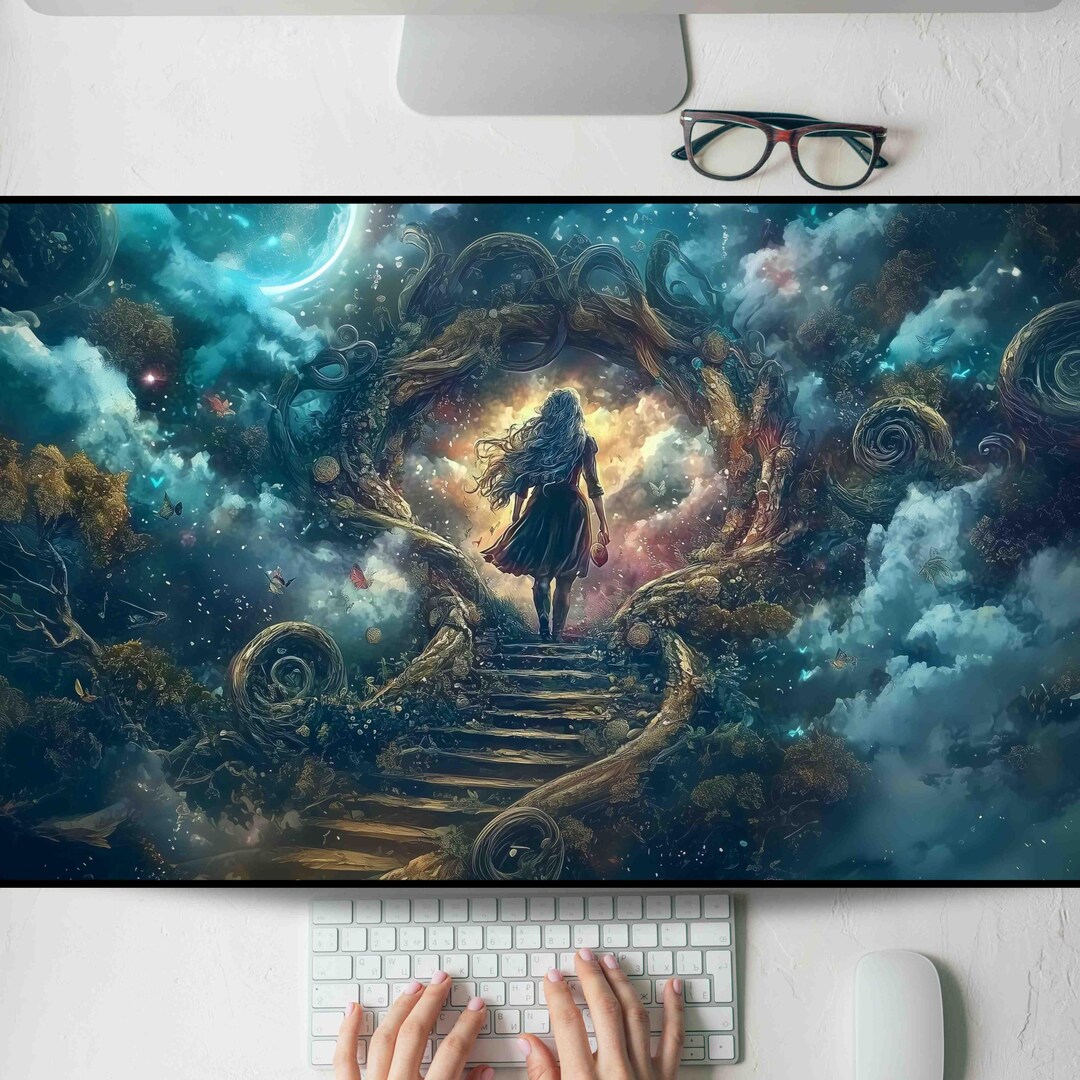 Girl Walking Toward Magical Portal Desk Mat, Gaming Mouse Pad, Large ...