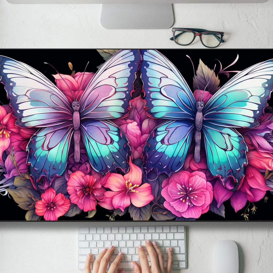 Pretty Pink and Blue Butterflies Desk Mat Gaming Mouse Pad Large ...