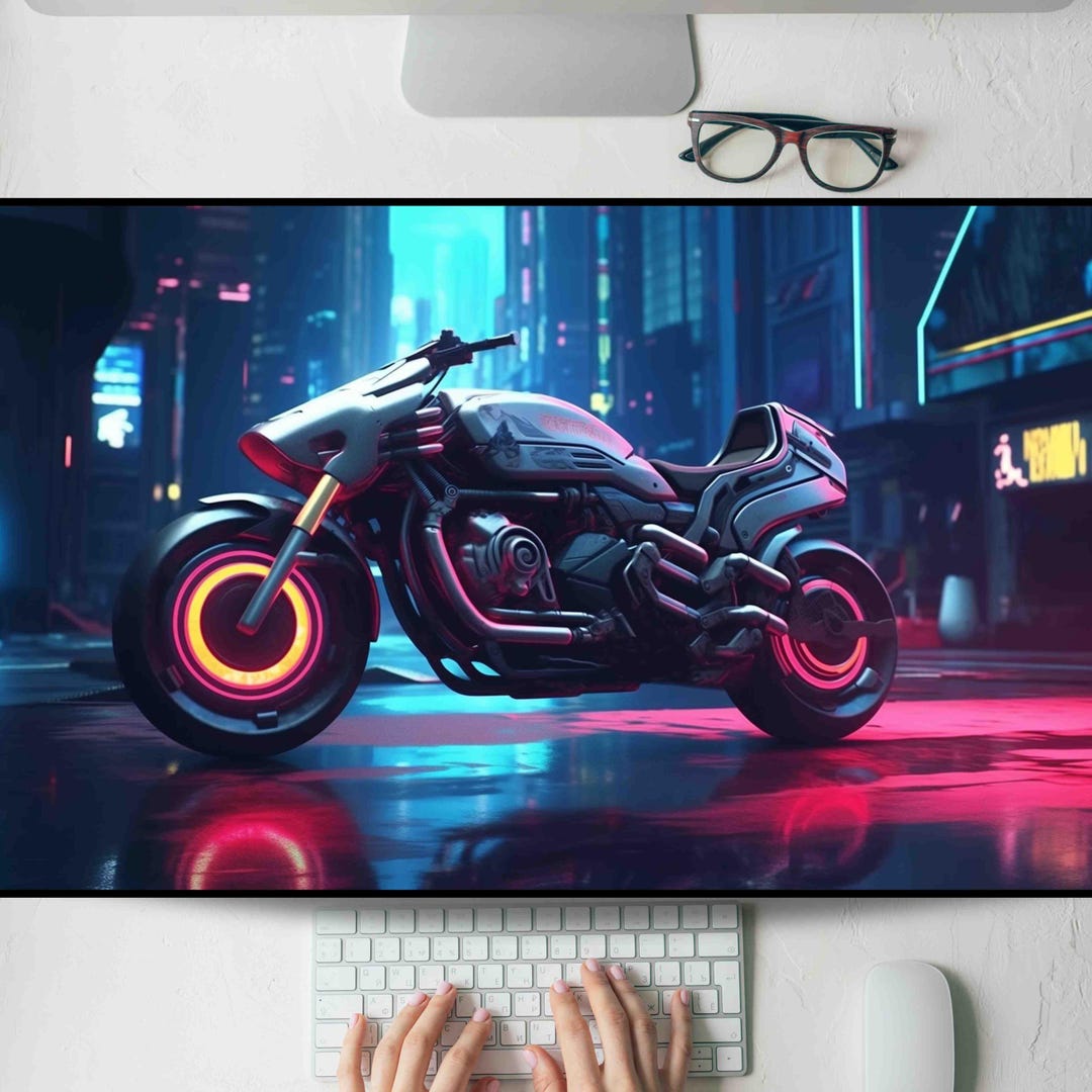 Cyber Cycle on Crimson Asphalt Desk Mat, Gaming Mouse Pad, Large ...