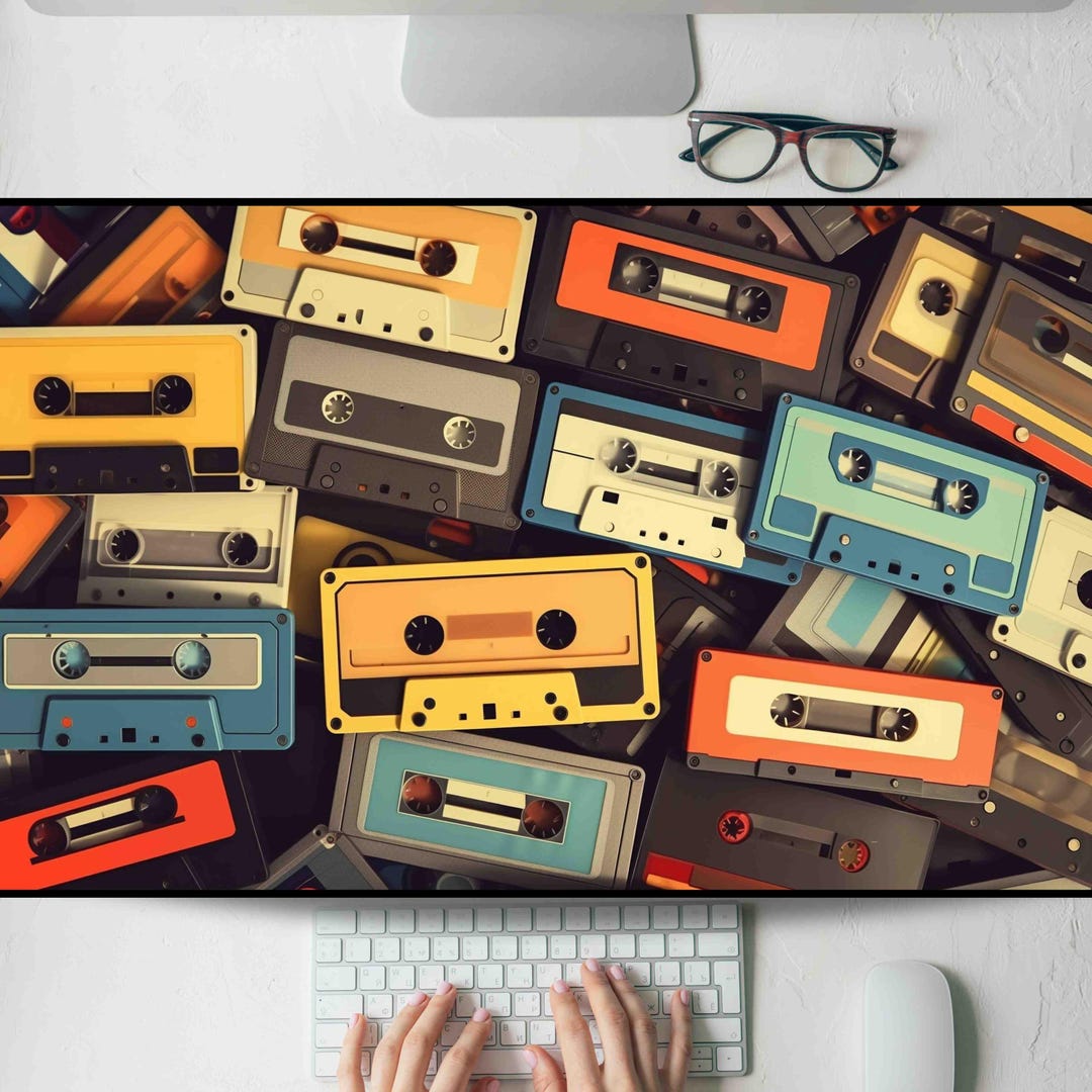 Retro Tapes in Sun-faded Hues Desk Mat, Gaming Mouse Pad, Large ...