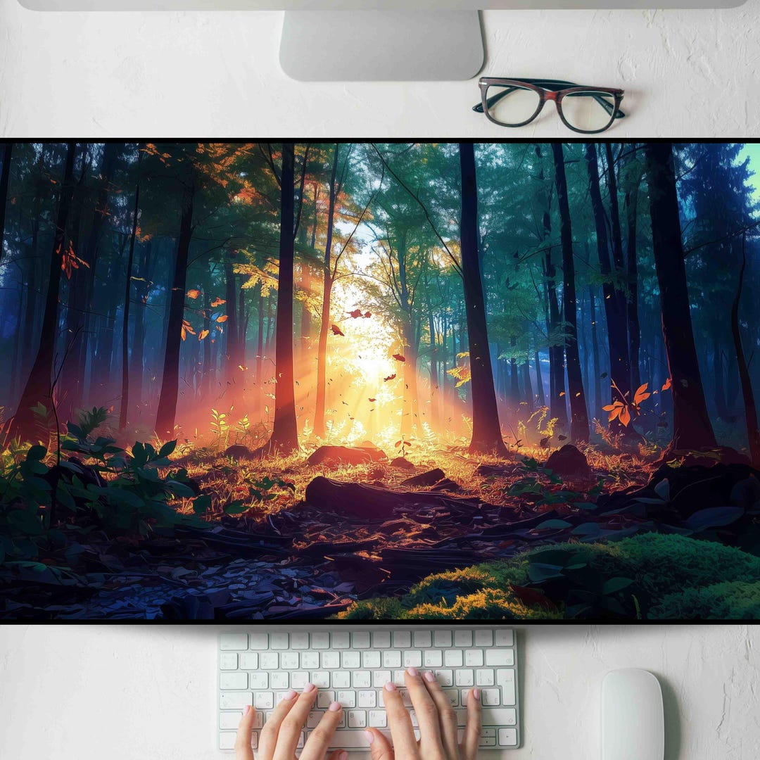 Glowing Campfire in Forest Depths Desk Mat, Gaming Mouse Pad, Large ...