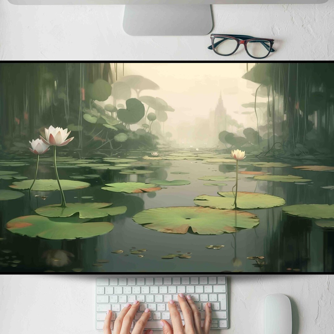 Misty Lilies on Still Water Desk Mat, Gaming Mouse Pad, Large Mousepad ...