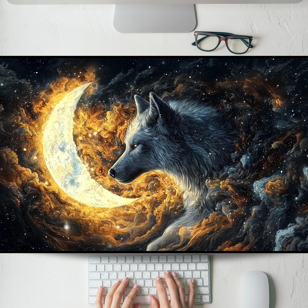 Fiery Wolf Staring at Crescent Moon Desk Mat Gaming Office Mouse Pad ...