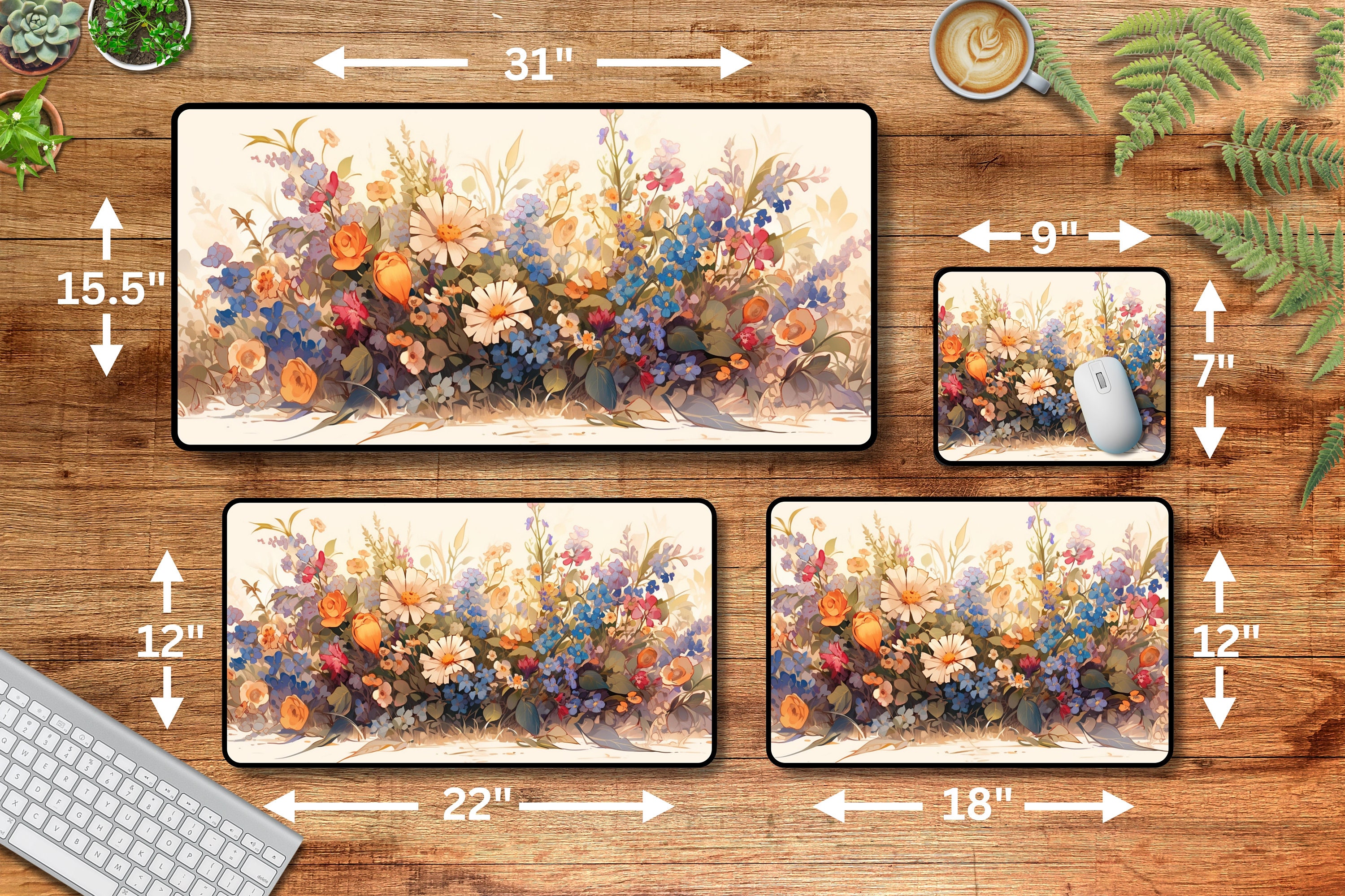 Pretty Colorful Lo-fi Botanical Flower Bush Desk Mat Gaming Mouse Pad ...