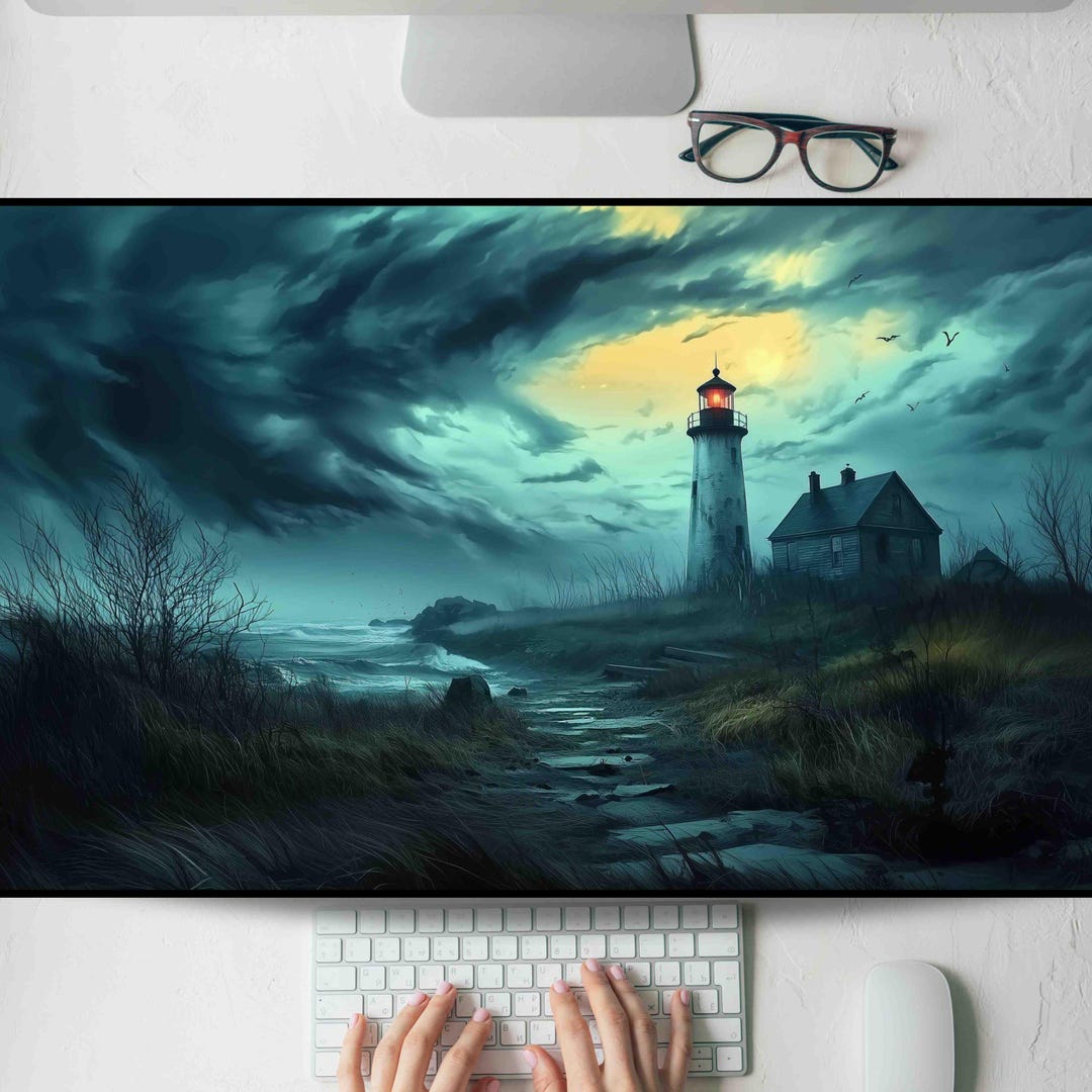 Lighthouse in Stormy Twilight Desk Mat, Gaming Mouse Pad, Large ...
