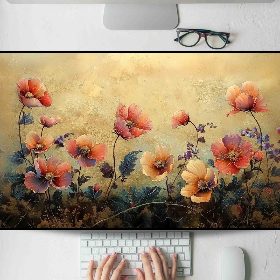 Peach Wildflowers in Sand Mist Desk Mat, Gaming Mouse Pad, Large ...