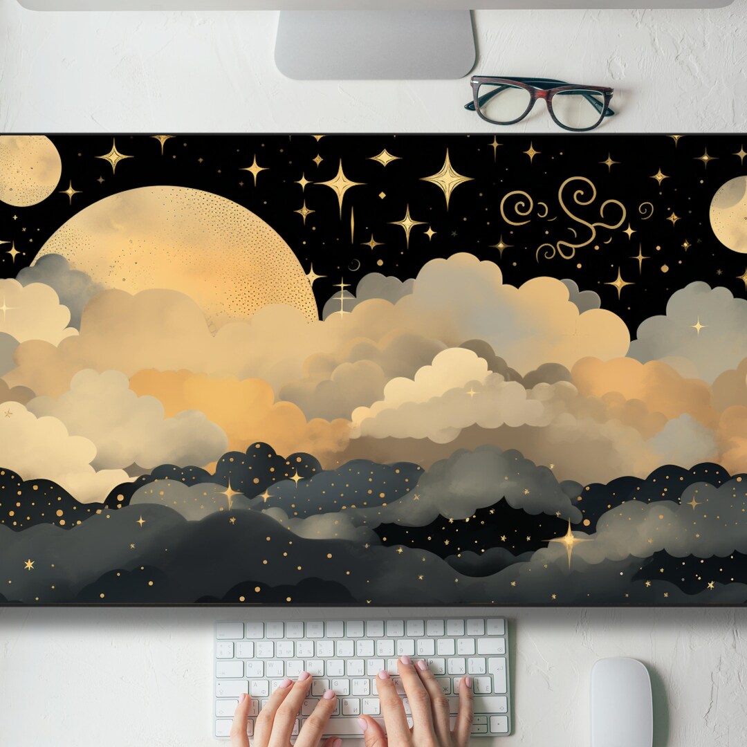 Black Gold Celestial Kawaii Clouds Desk Mat Gaming Mouse Pad Large ...
