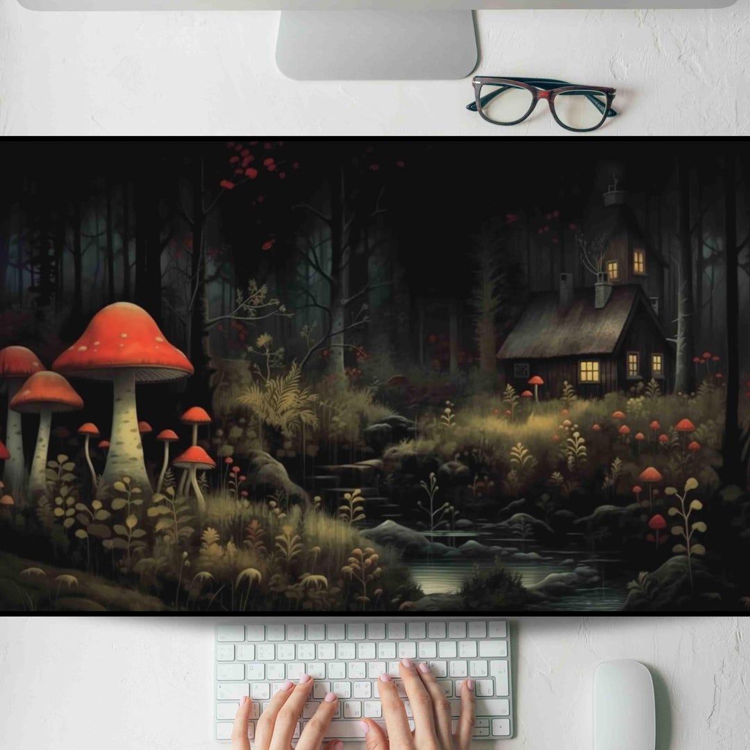 Mushroom Home Beneath Night Sky Desk Mat, Gaming Mouse Pad, Large ...