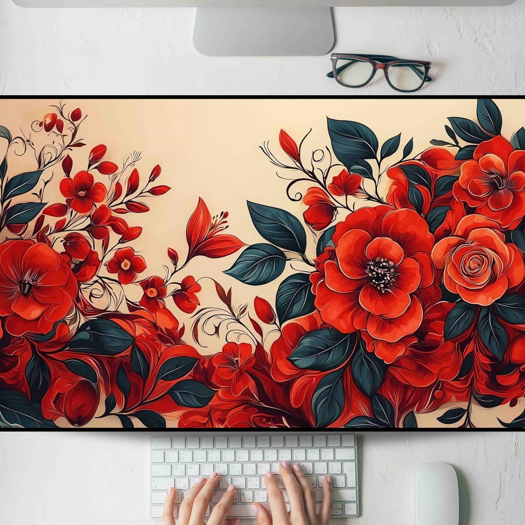 Crimson Roses on Cream Canvas Desk Mat, Gaming Mouse Pad, Large ...