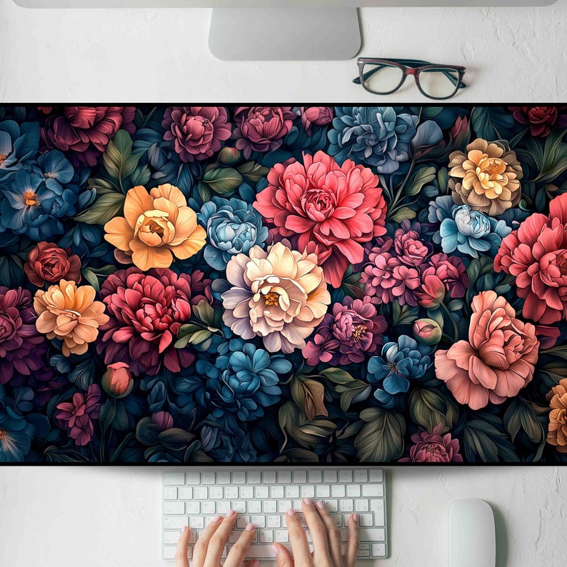 Autumn Peonies in Jewel Tones Desk Mat, Gaming Mouse Pad, Large ...