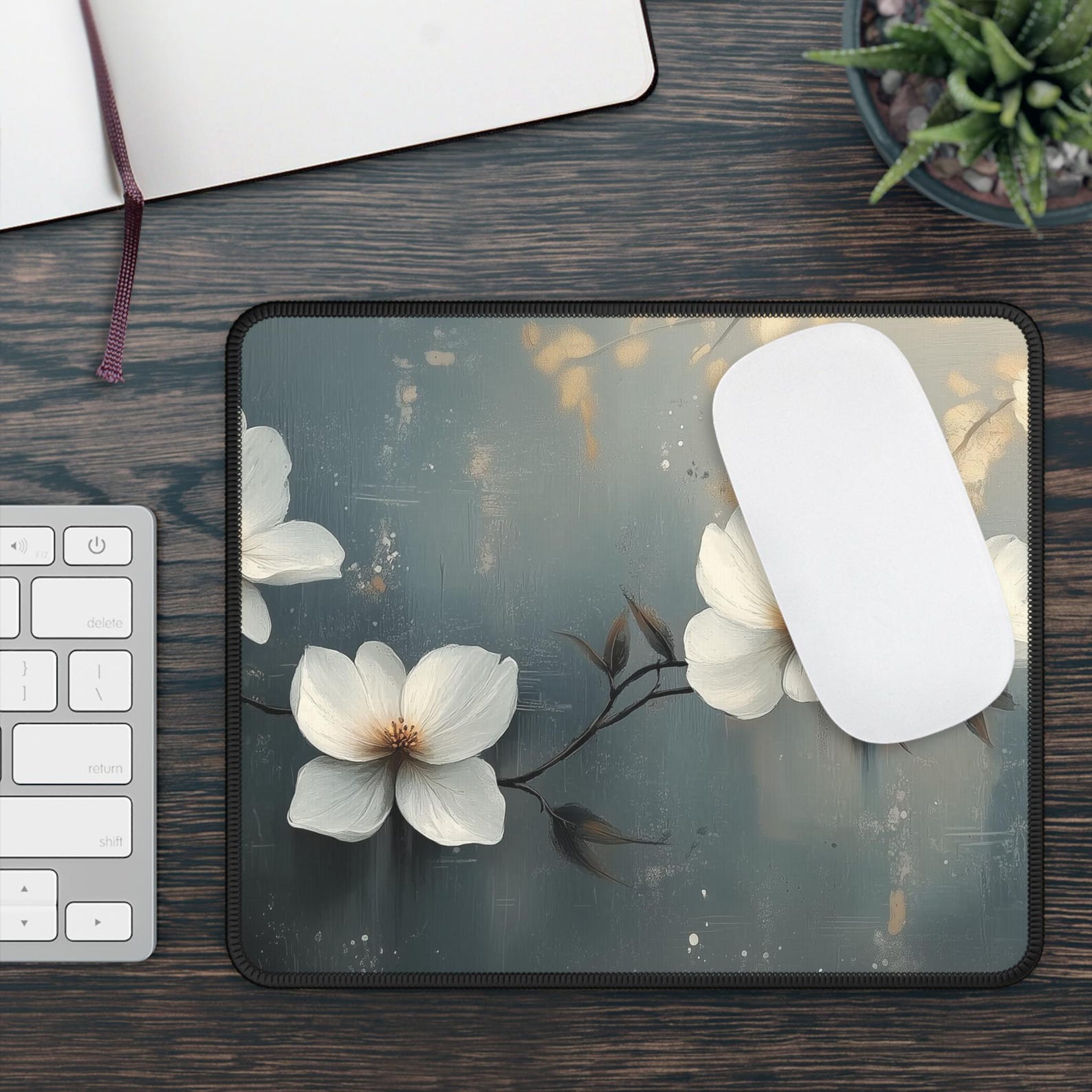 Cream Petals on Gold Mist Desk Mat, Gaming Mouse Pad, Large Mousepad ...
