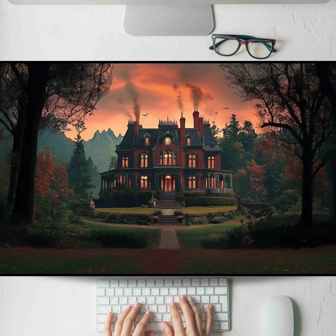 Haunted Mansion at Fiery Sunset Desk Mat, Gaming Mouse Pad, Large ...