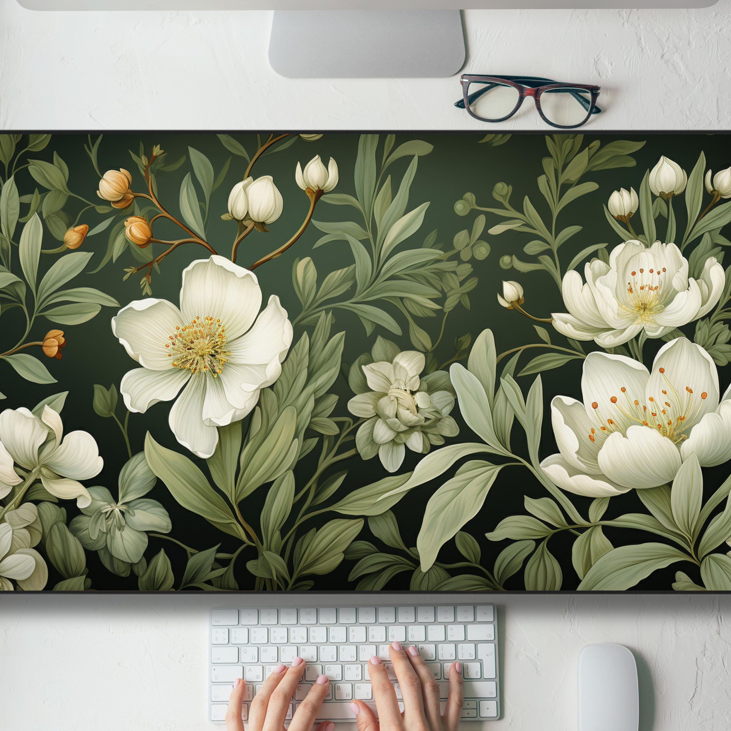 Sage Green White Flowers Botanical Desk Mat Gaming Mouse Pad - Etsy