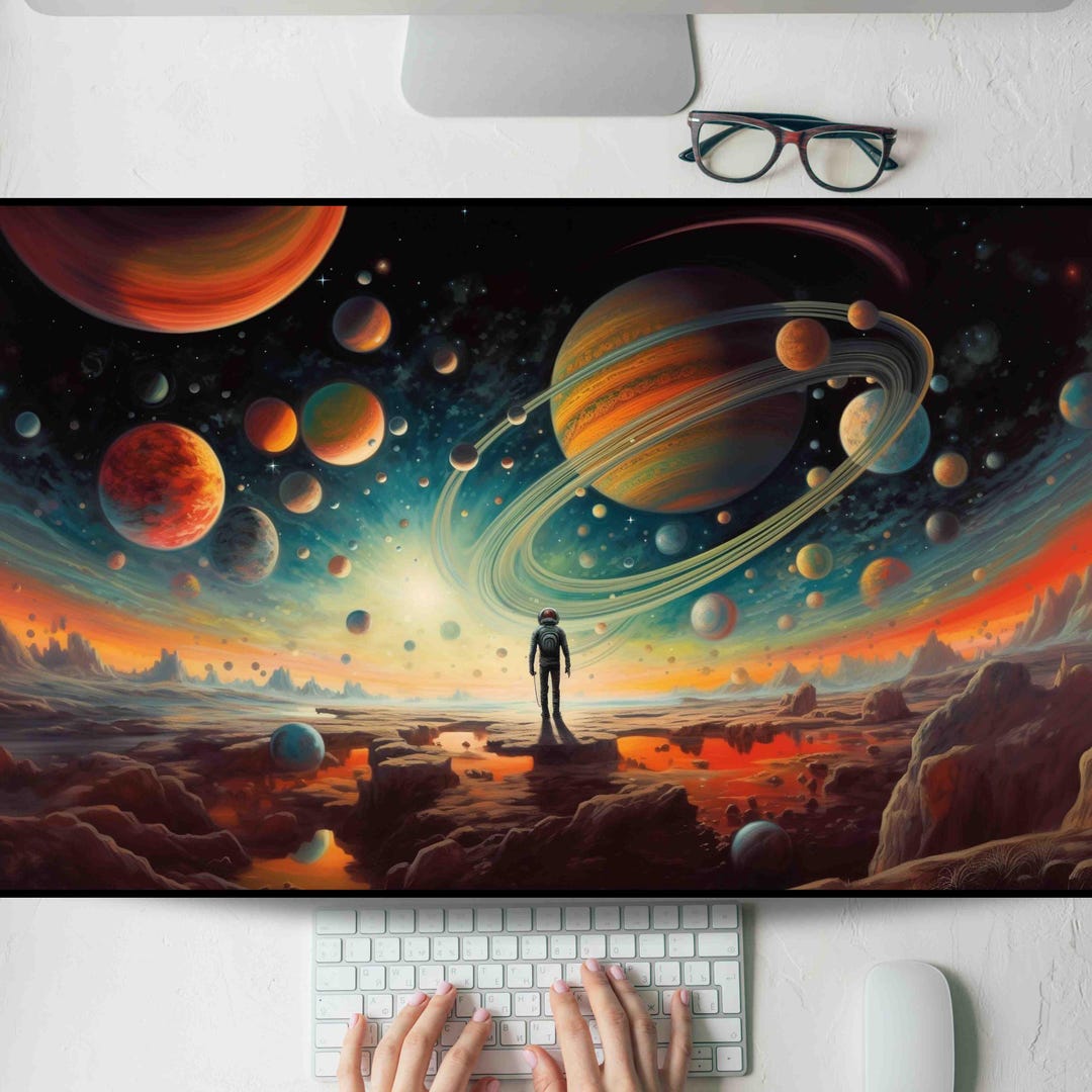 Orbiting Worlds in Red Mist Desk Mat, Gaming Mouse Pad, Large Mousepad ...