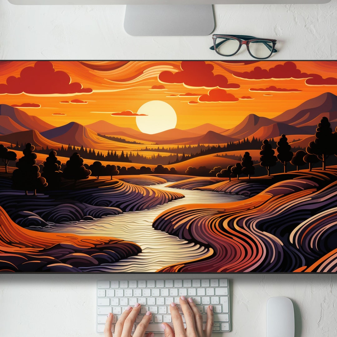 Boho Linocut Valley River Desk Mat Gaming Mouse Pad Large Mousepad With ...