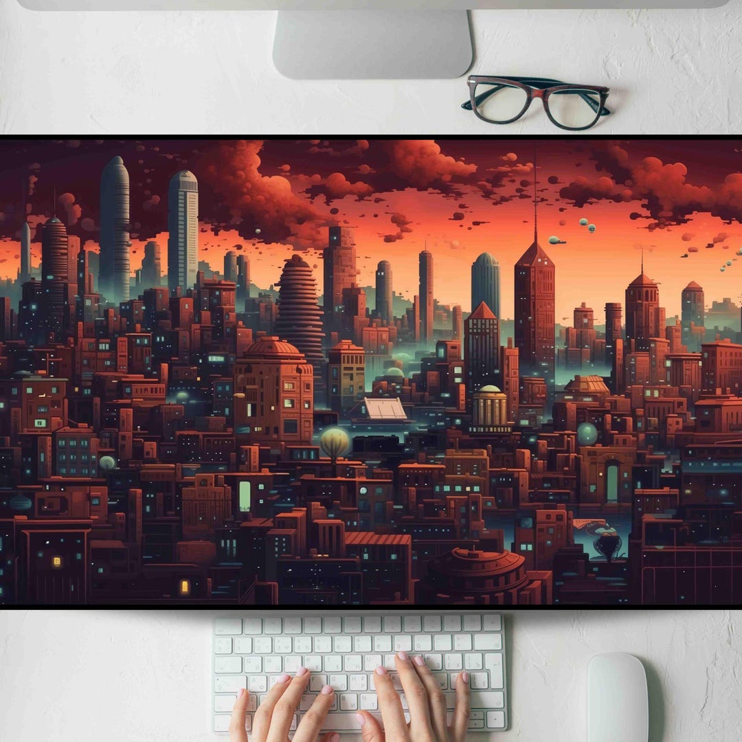 Cityscape in Fiery Horizon Desk Mat, Gaming Mouse Pad, Large Mousepad ...