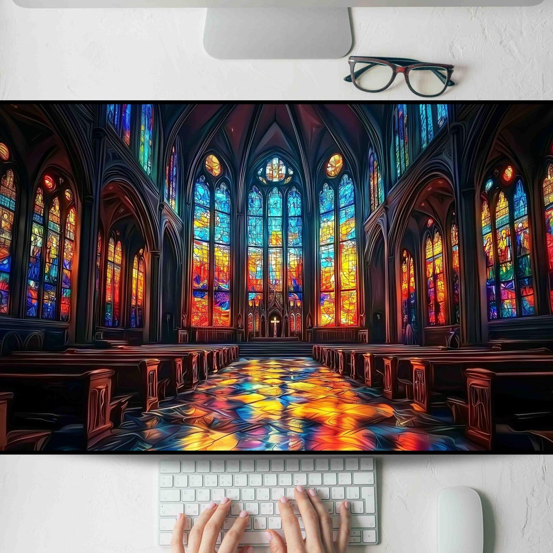 Stained Glass in Glowing Chapel Desk Mat, Gaming Mouse Pad, Large ...