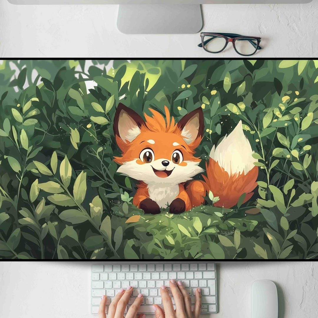 Cartoon Fox in Bush Hideaway Desk Mat, Gaming Mouse Pad, Large Mousepad ...