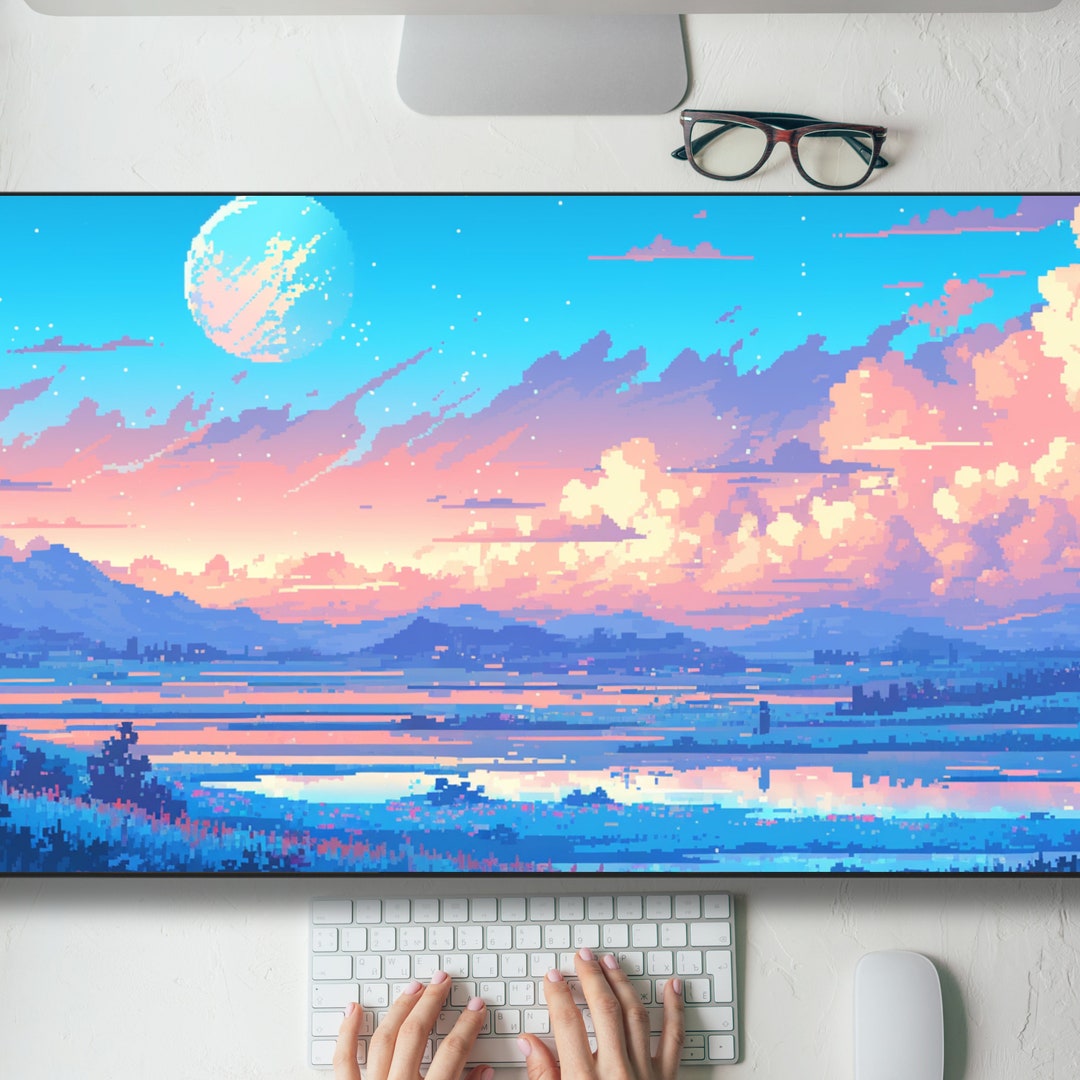 Blue Lo-fi Pixelated Landscape Desk Mat Gaming Mouse Pad Large Mousepad ...