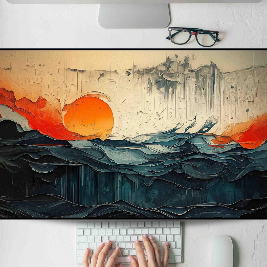 Sunset Wave With Crimson Crest Desk Mat, Gaming Mouse Pad, Large ...