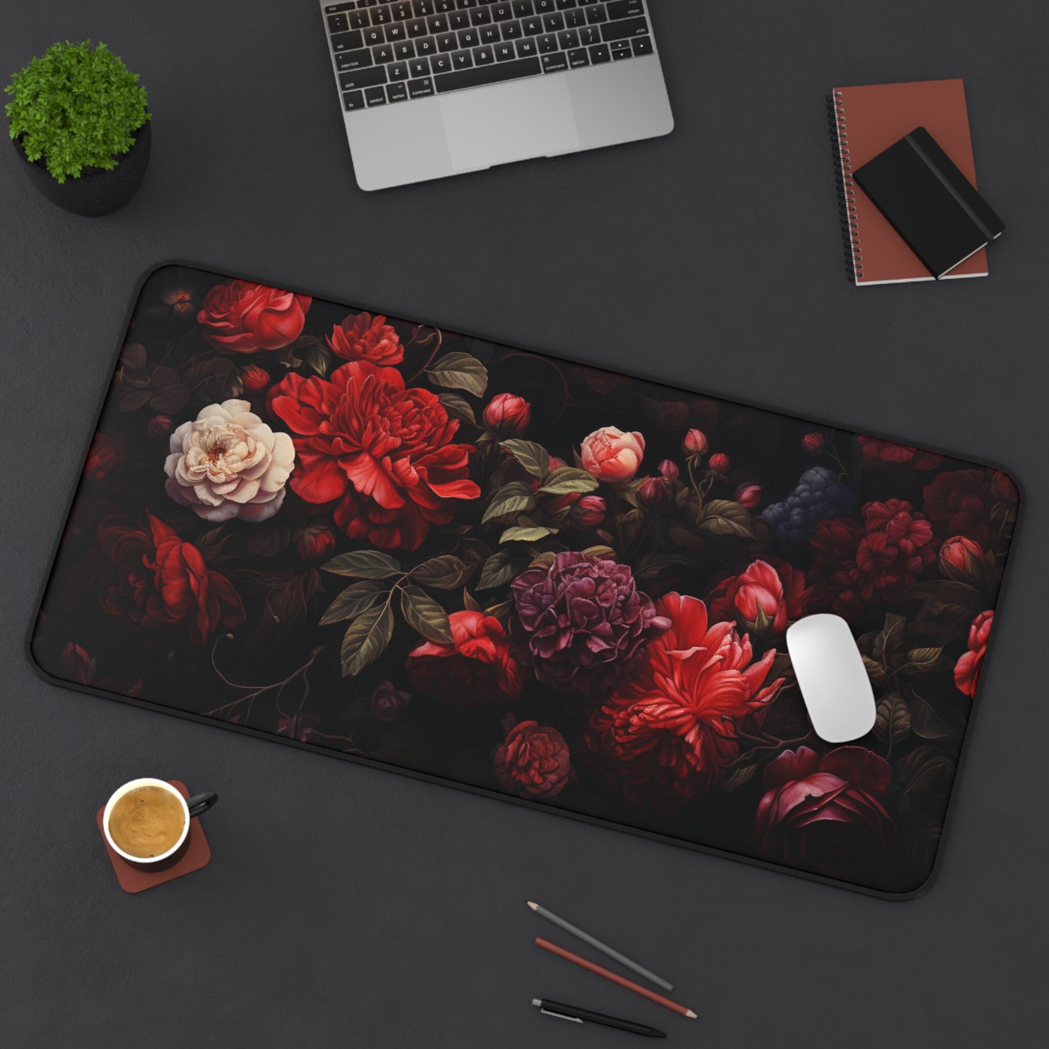 Dark Red Cottagecore Flowers Desk Mat Gaming Mouse Pad Large Mousepad ...