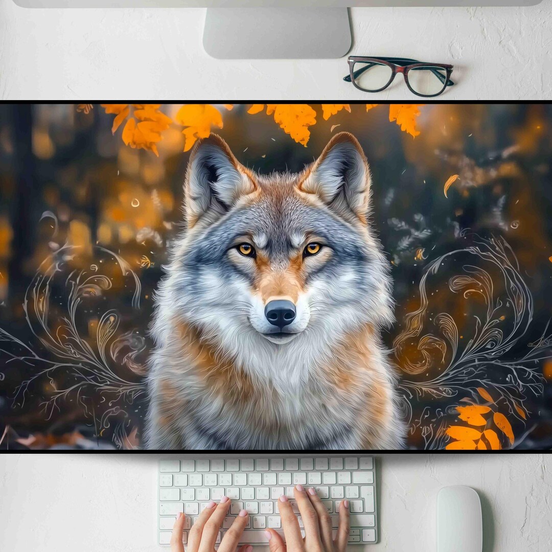 Autumn Wolf in Ember Leaves Desk Mat, Gaming Mouse Pad, Large Mousepad ...