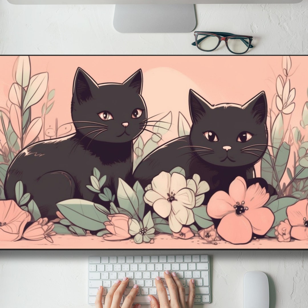Cute Cat Botanical Desk Mat Gaming Mouse Pad Large Mousepad With MTG ...