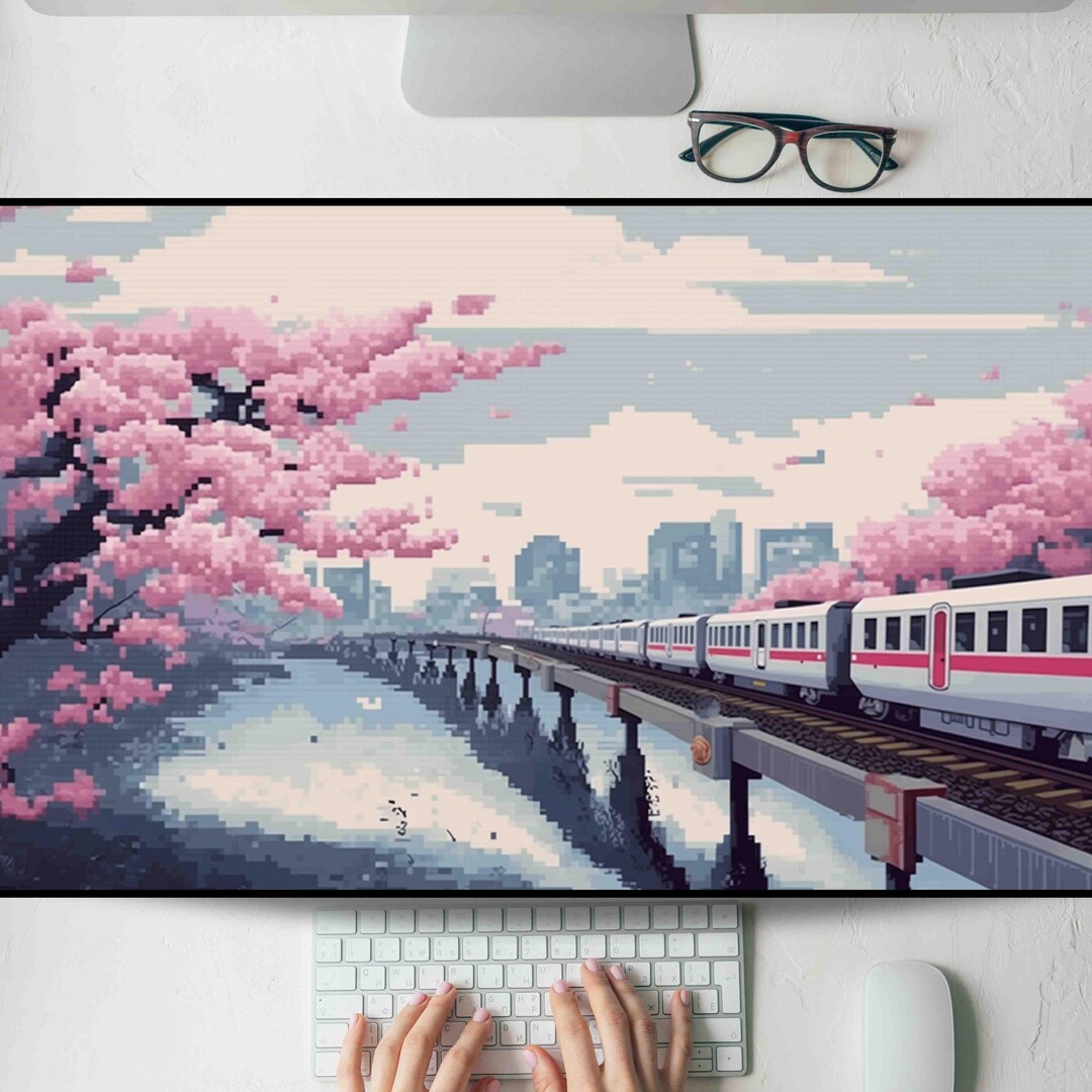 Pixelated Cherry Train Through Petal Storm Desk Mat, Gaming Mouse Pad ...