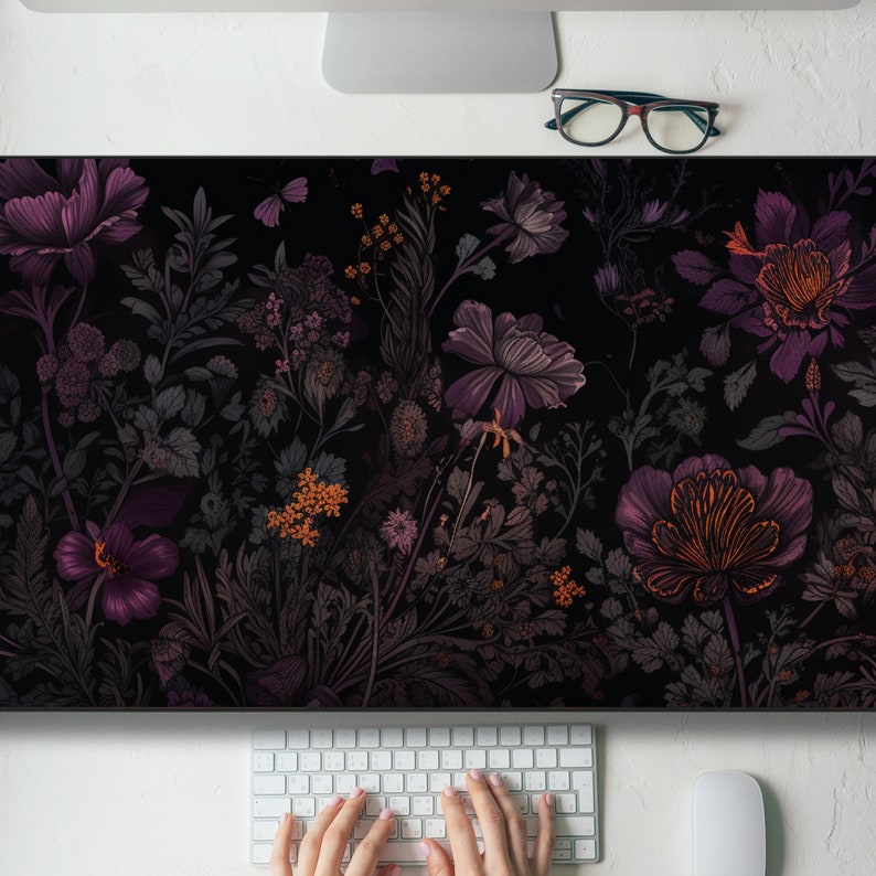 Dark Cottagecore Purple Botanical Desk Mat Gaming Mouse Pad Large ...